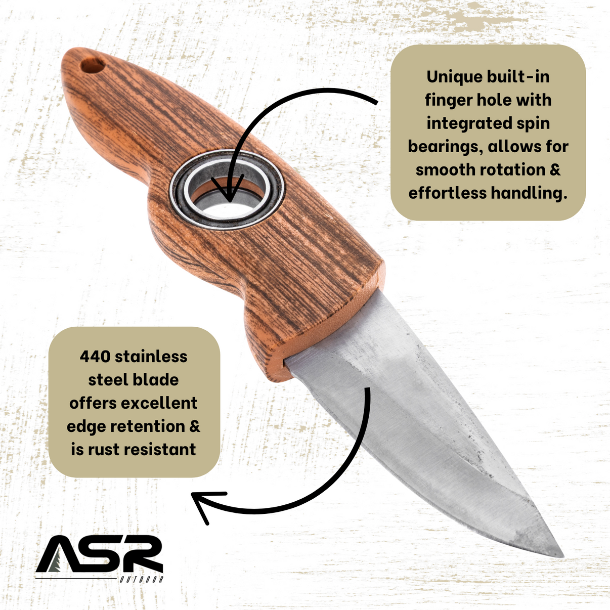 7.5 Inch Drop Point Fixed Blade Knife with Finger Hole with Spin Beari ...